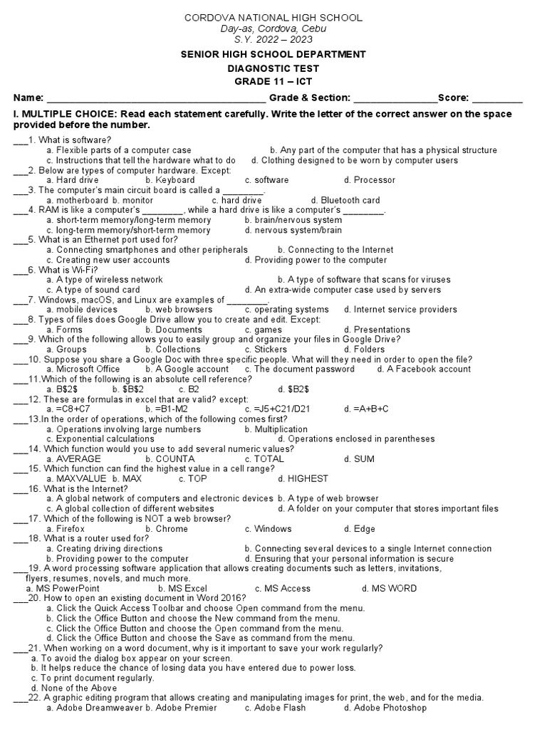 Diagnostic Test In Ict Pdf Adobe Photoshop Microsoft Excel