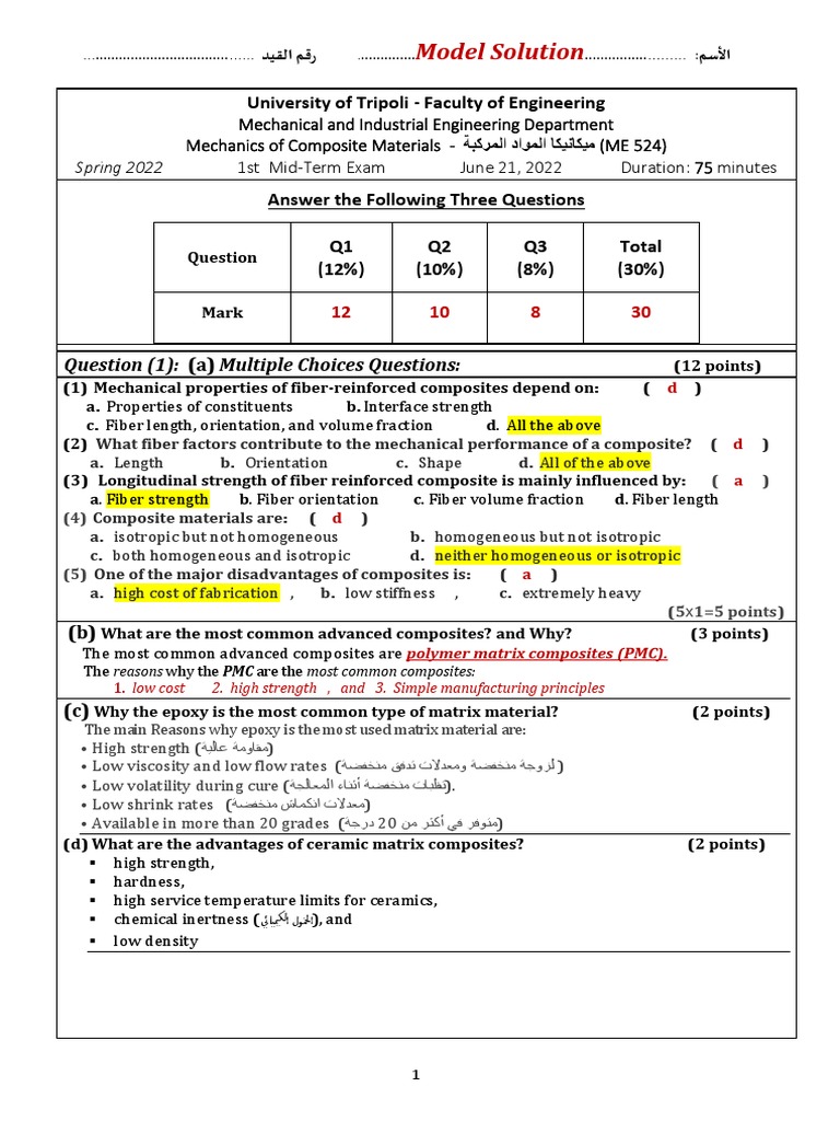 ME524 1st Midterm Exam Spring 2022 Model Solution | PDF | Composite ...
