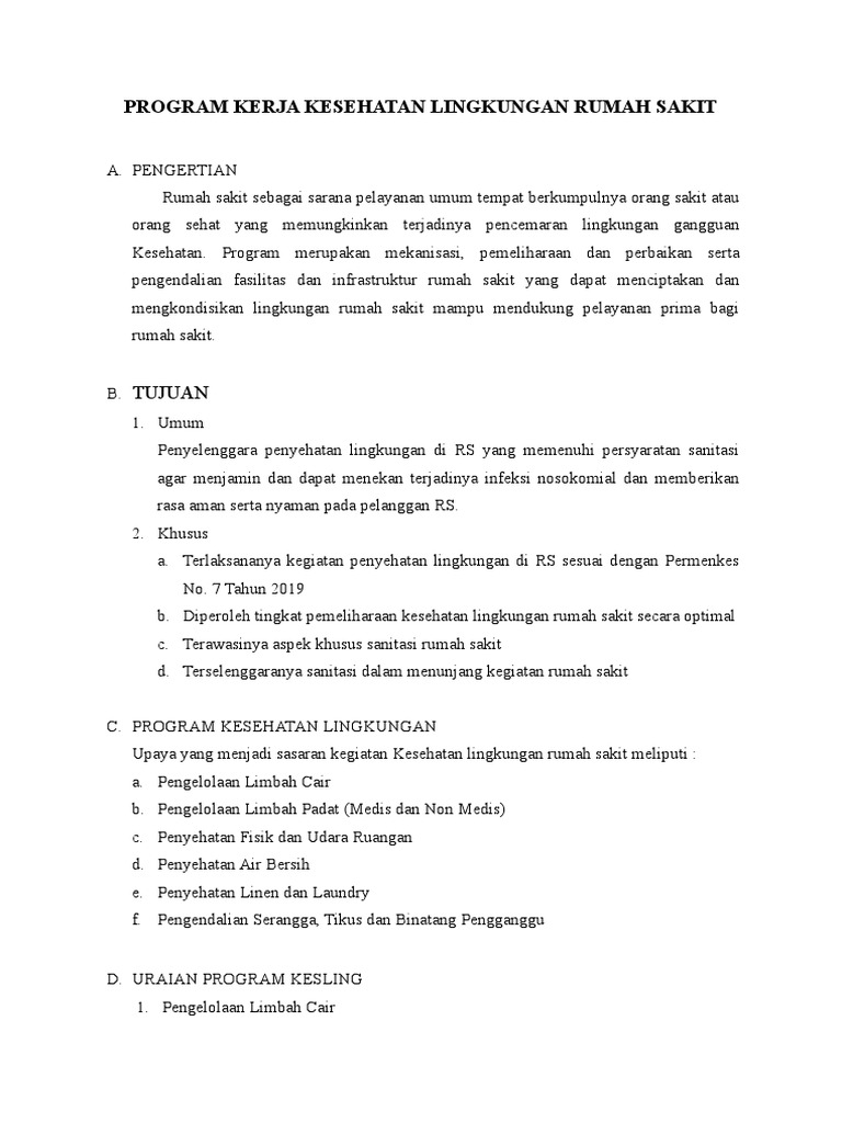Program Kerja Kesehatan Lingkungan Rumah Sakit | PDF