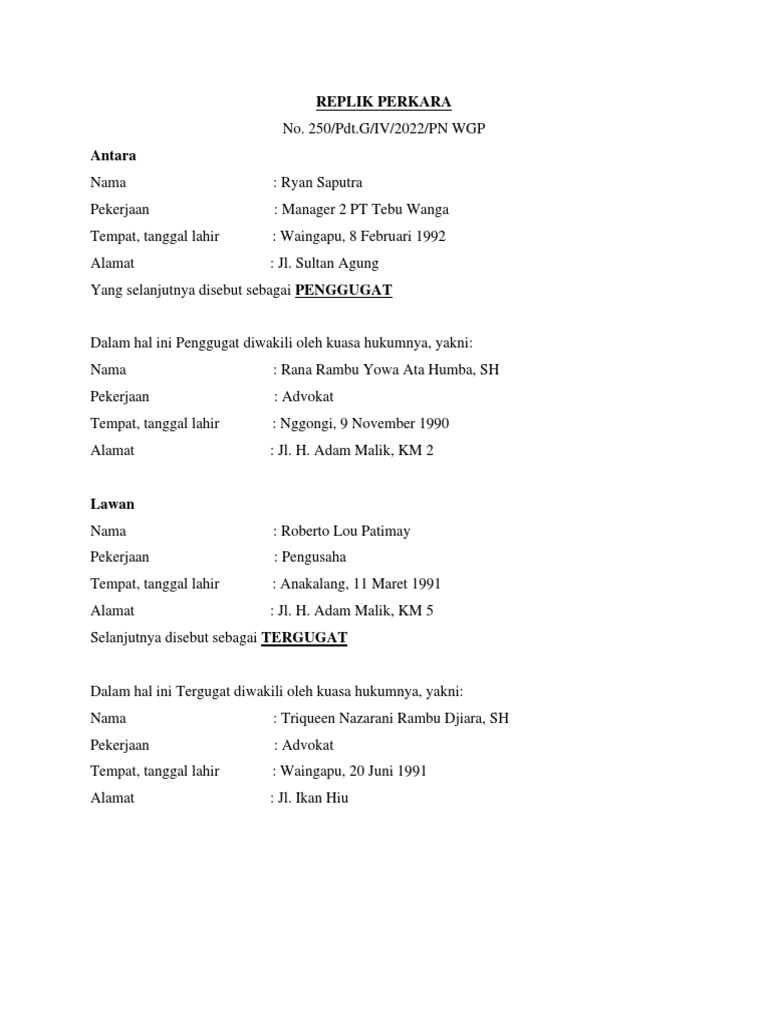 Replik Penggugat Dan Duplik Tergugat | PDF