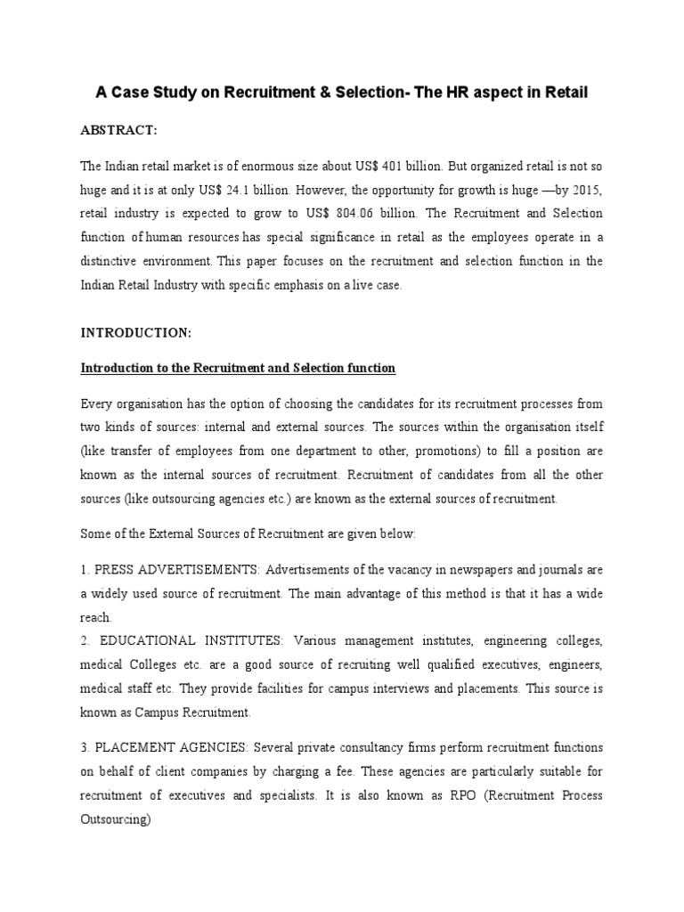 A Case Study On Recruitment & Selection-The HR Aspect in Retail | PDF ...