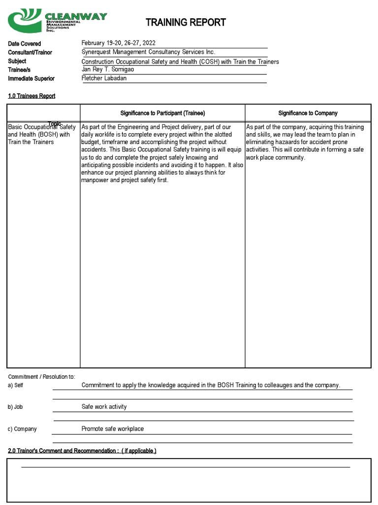 Training Report Form - COSH | PDF | Business