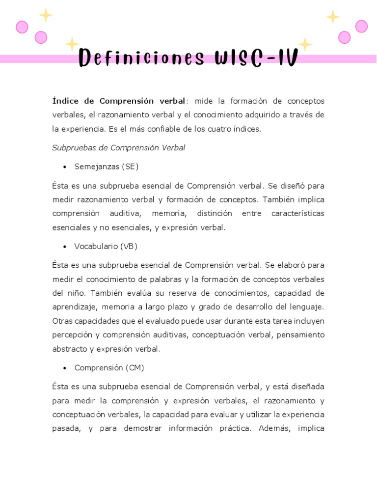 Definiciones WISC-IV | PDF | Memoria de trabajo | Memoria