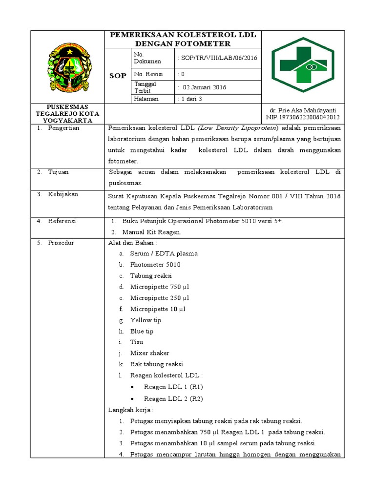 Prosedur Pemeriksaan Kolesterol LDL | PDF