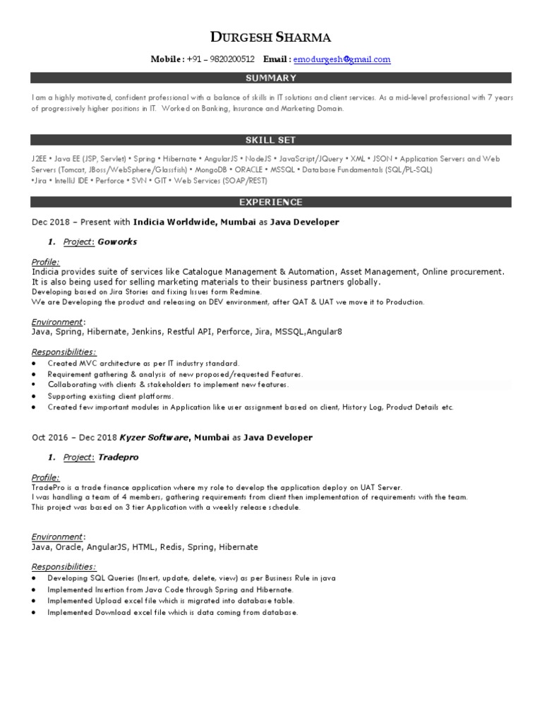 Durgesh Sharma CV 2021 | PDF | Databases | Java (Programming Language)