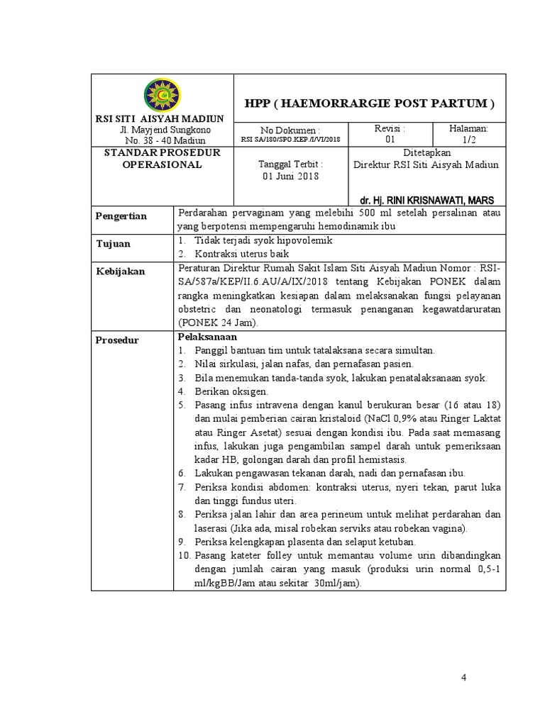 HPP (Haemorrargie Post Partum) : Standar Prosedur Operasional | PDF
