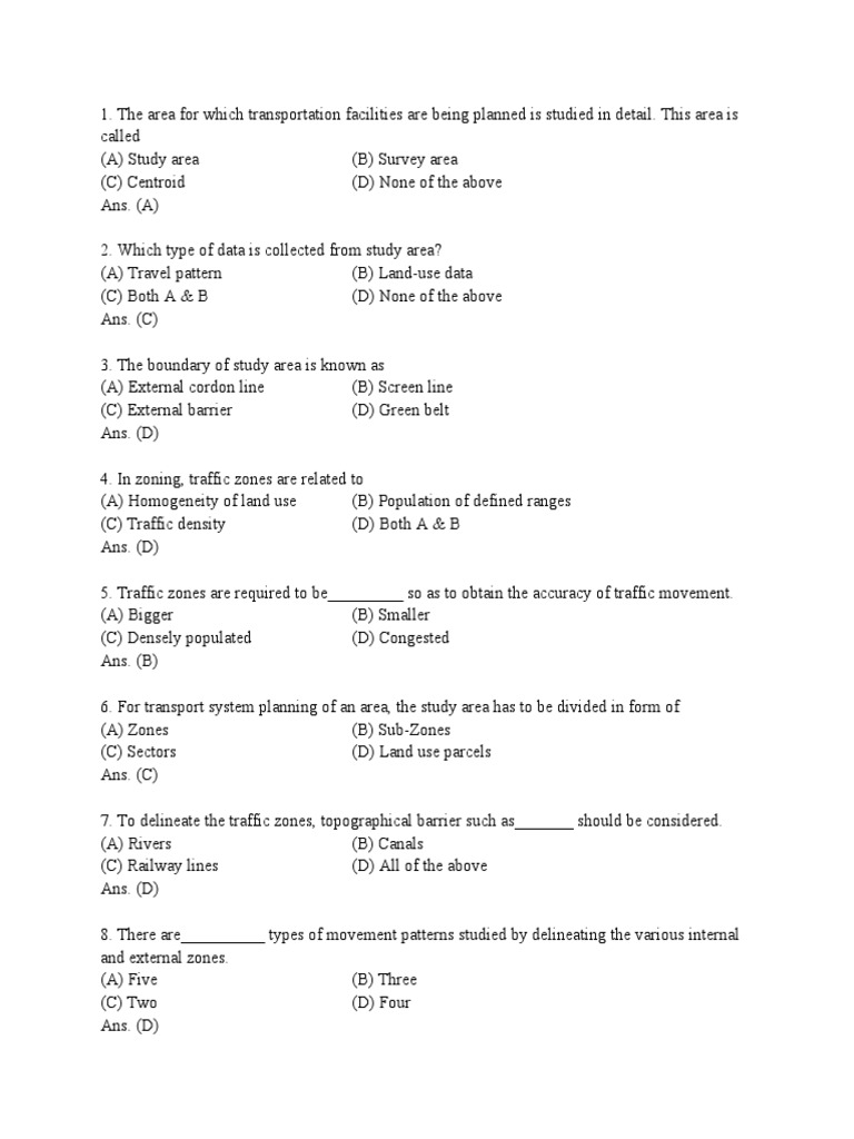 Transportation Planning MCQs and Answers | PDF | Transport | Sampling ...
