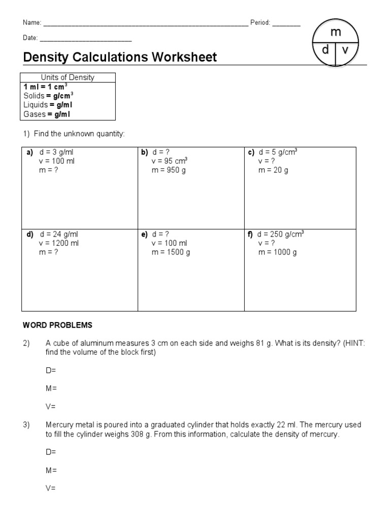 Density Calculations WS | PDF