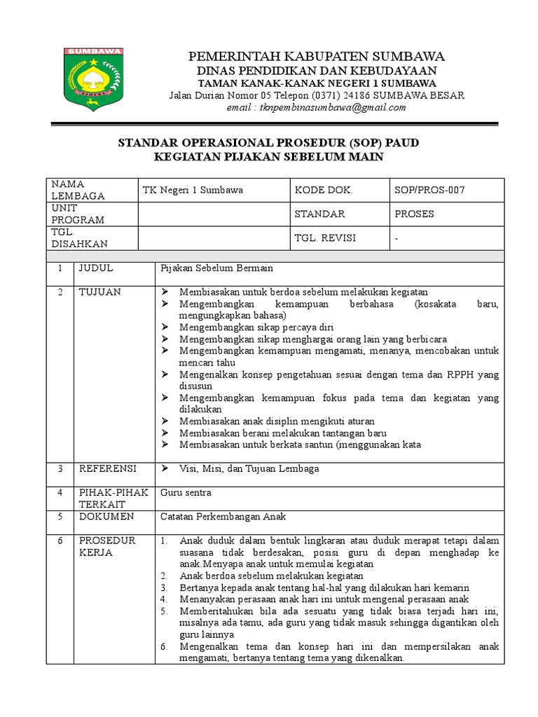7 Sop Paud Kegiatan Pijakan Sebelum Main | PDF