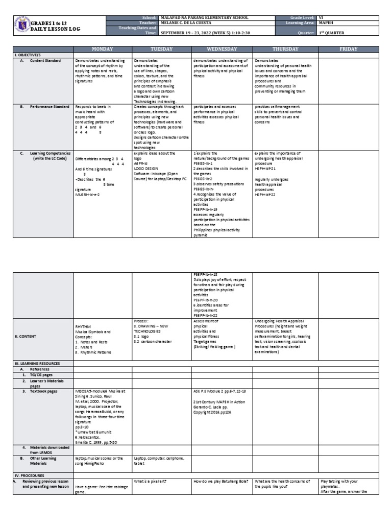 DLL - Mapeh 6 - Q1 - W5 | PDF | Rhythm | Learning