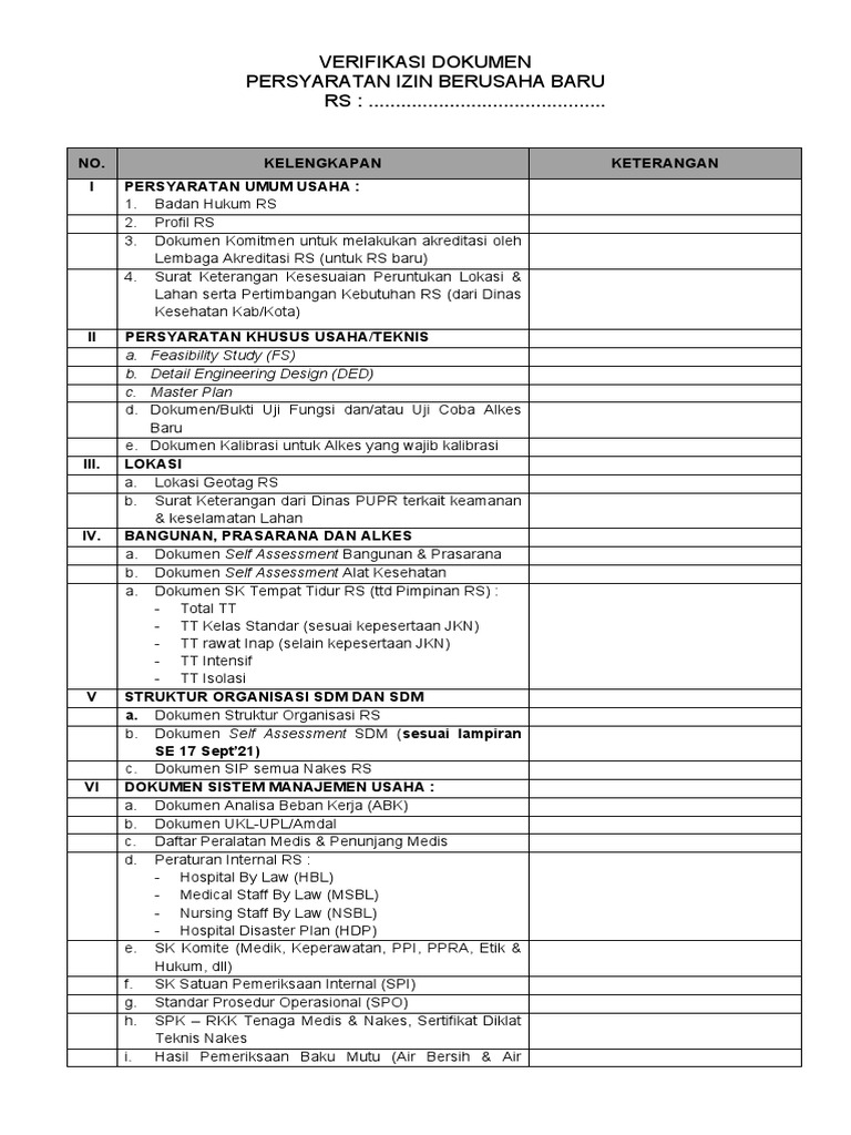 Check List Ijin Rs - PMK 14 - Baru | PDF | Hukum