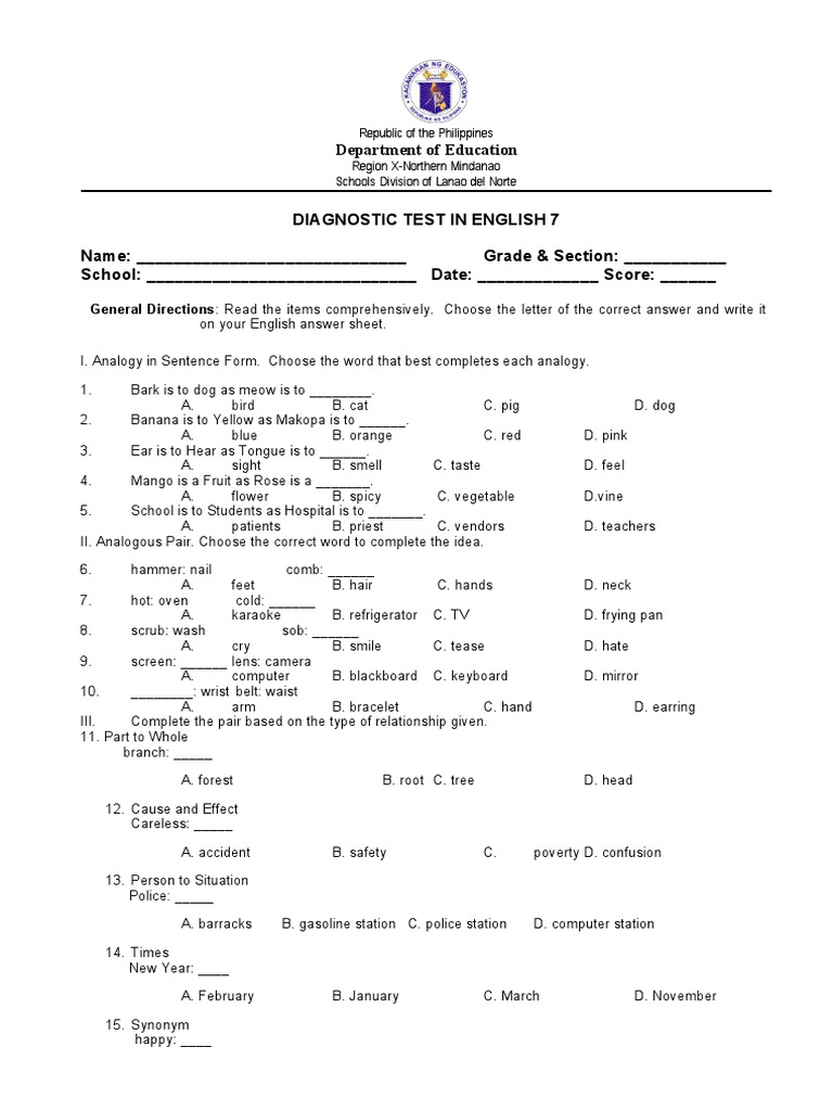7th Grade English Diagnostic Test | PDF | Documentary Film