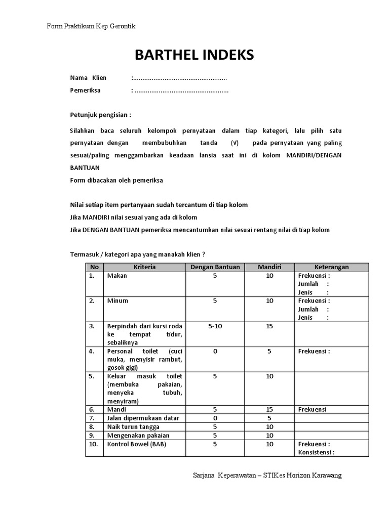 Form Barthel Index GERONTIK | PDF