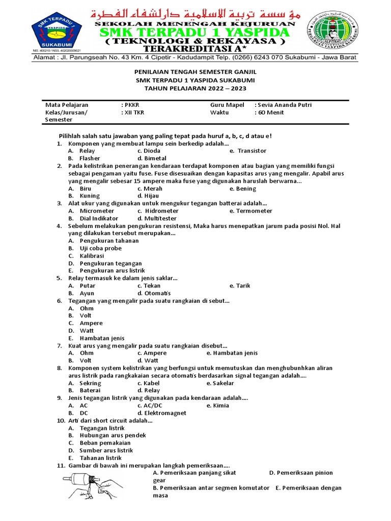 Soal PKKR Kelas XII TKR Yaspida | PDF | Teknologi & Rekayasa