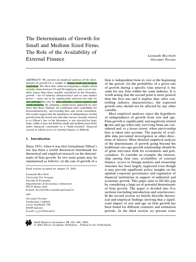 The Determinants of Growth For Small and Medium Sized Firms. The Role of The Availability of ...
