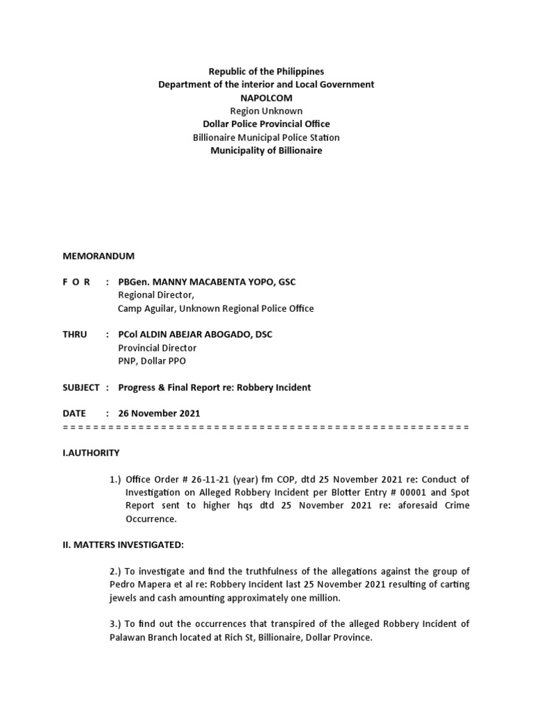 Final Report on the Robbery Investigation of Palawan Branch in ...