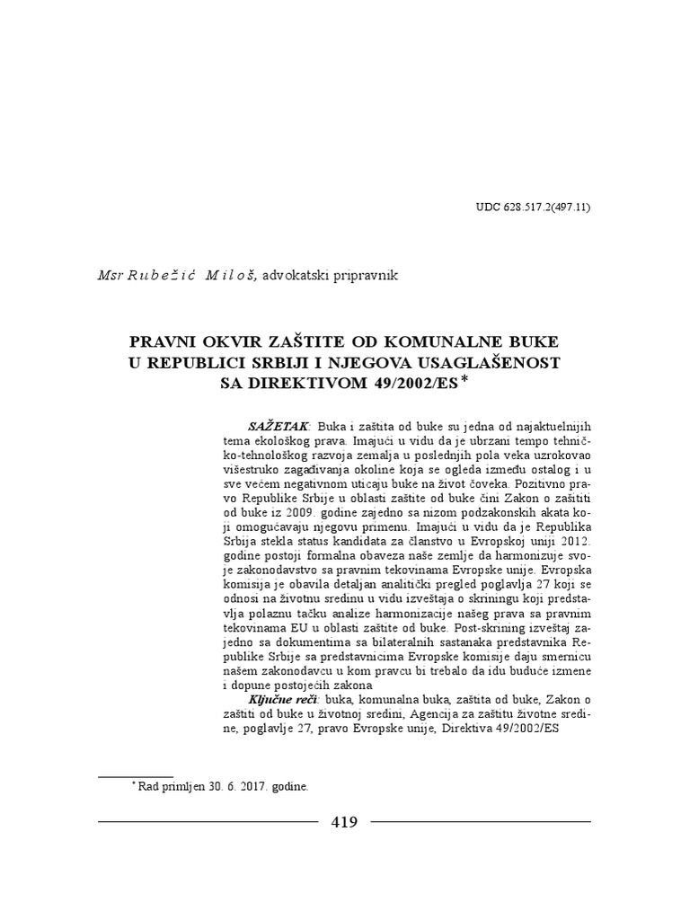 Rubezic Milos, Pravni Okvir Zastite Od Komunalne Bukeu U RS I ... | PDF