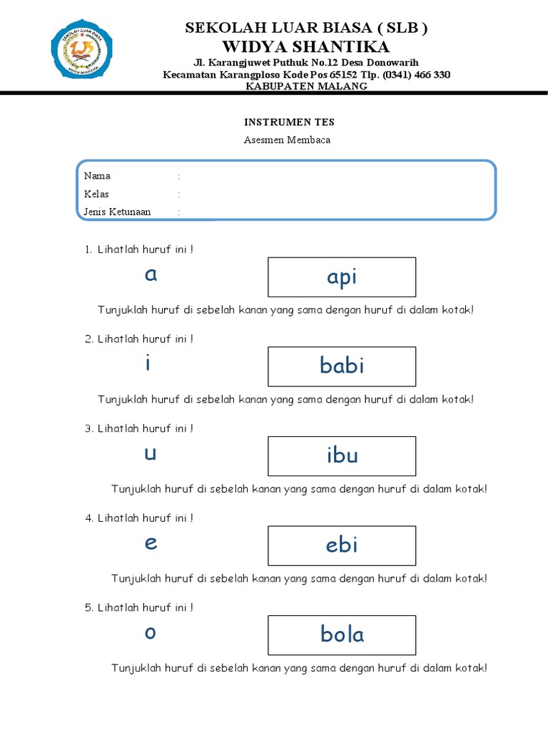 Asesmen Membaca SLB Widya Shantika | PDF