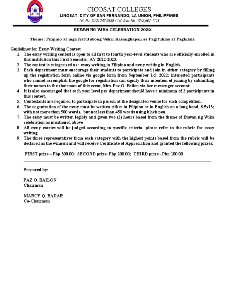 Guidelines For Essay Writing Buwan NG Wika 2022 1 | PDF