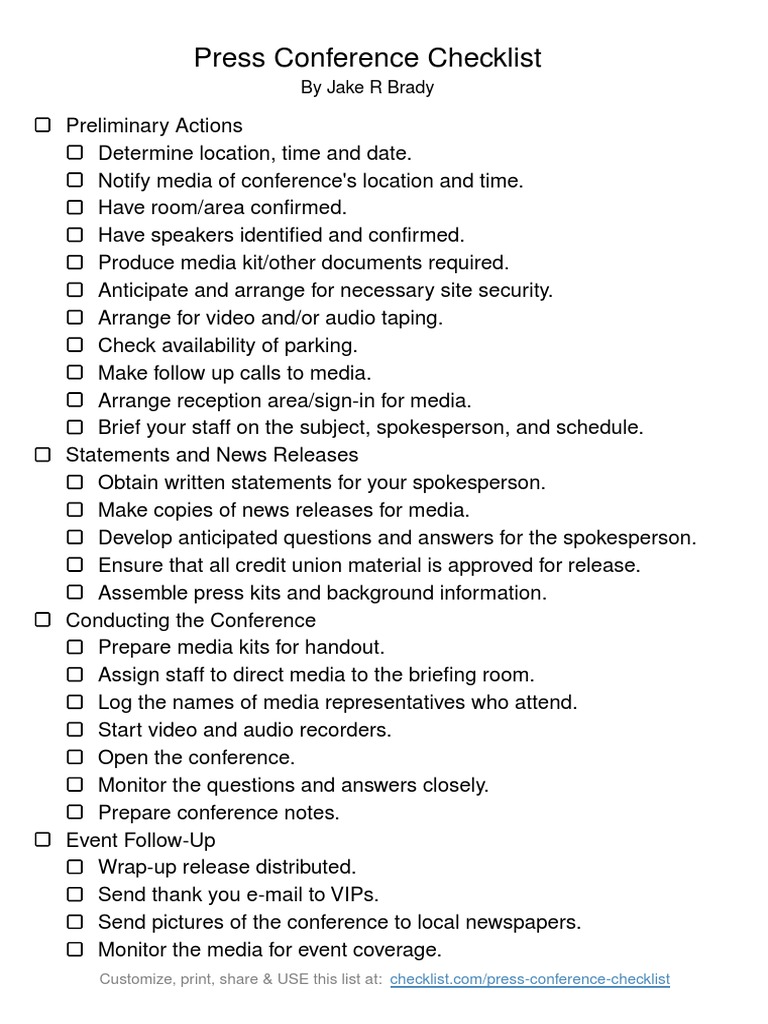 Press Conference Checklist | PDF | Career & Growth | Art