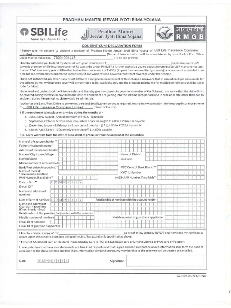 New PMJJBY Con Cum Dec Form 01062022 | PDF