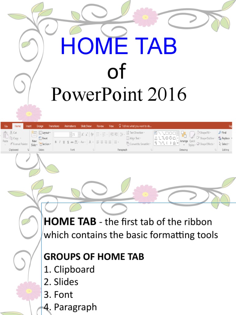 Home Tab of Powerpoint 2016 | Download Free PDF | Paragraph | Typography