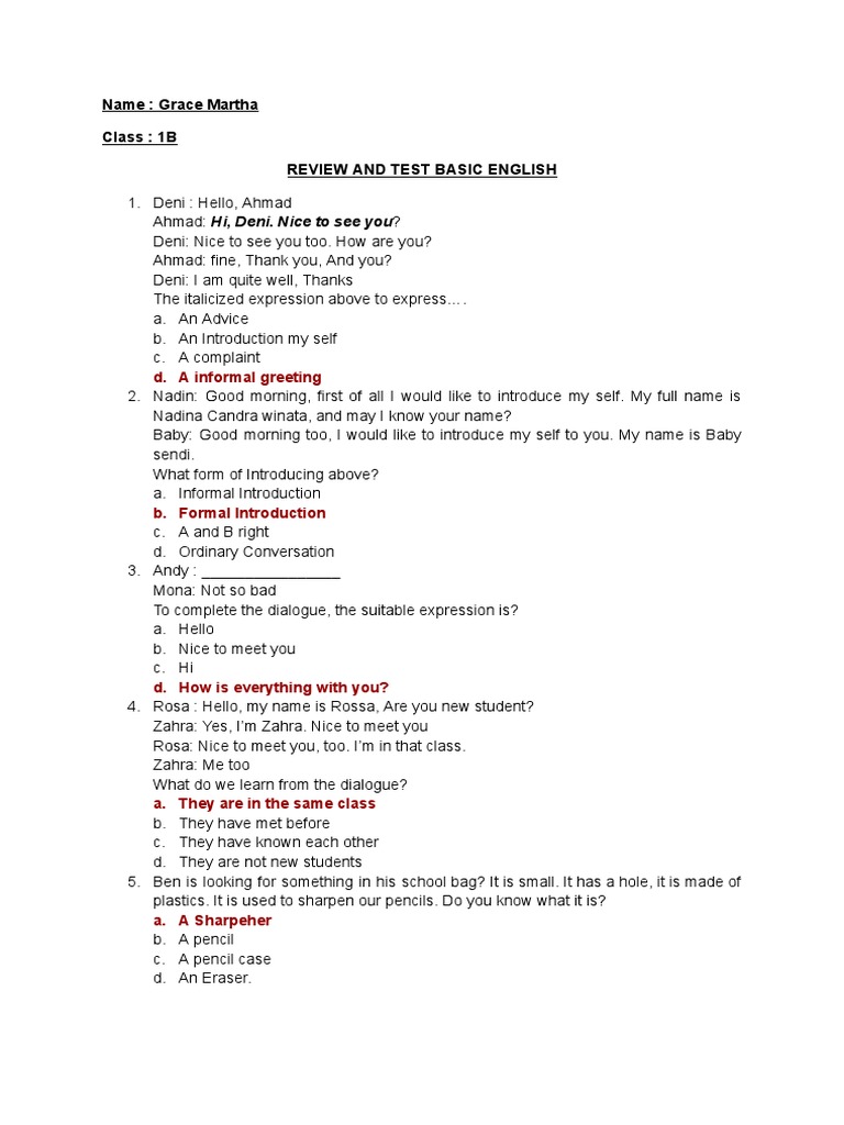 Basic English Test for Students | PDF | Language Arts & Discipline ...