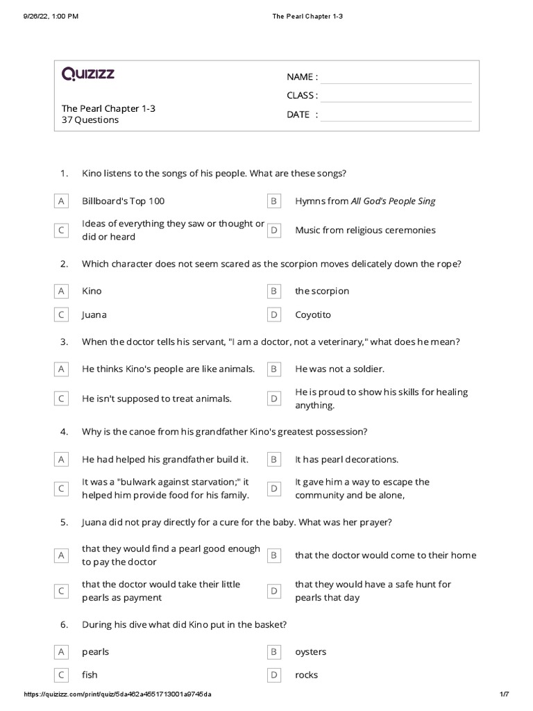 The Pearl Chapter 1-3 Quiz | PDF