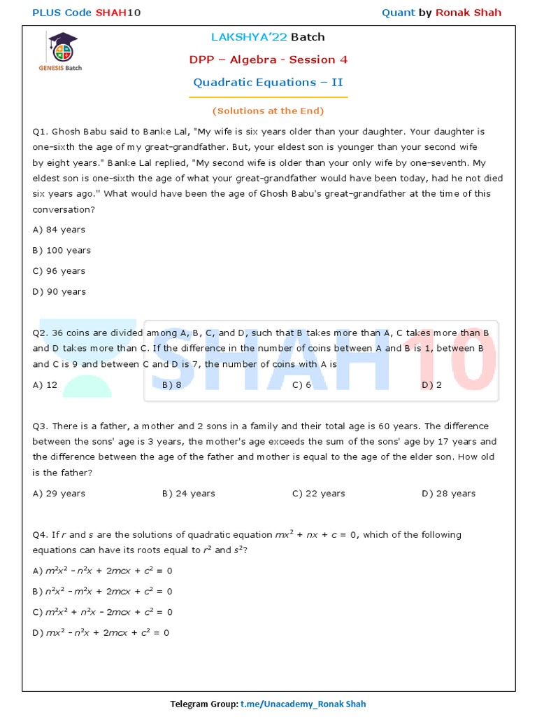 DPP - Algebra - Session 4 - Quadratic Equations - II - LAKSHYA'22 | PDF | Elementary Mathematics ...