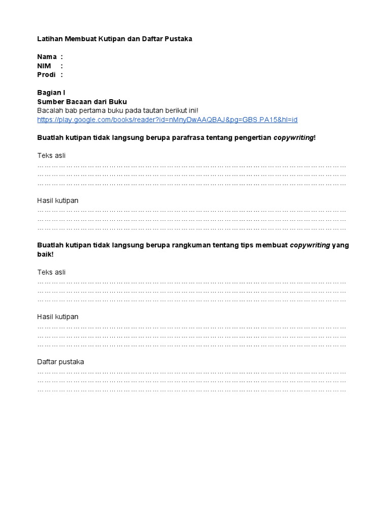 Latihan Membuat Kutipan Dan Daftar Pustaka | PDF