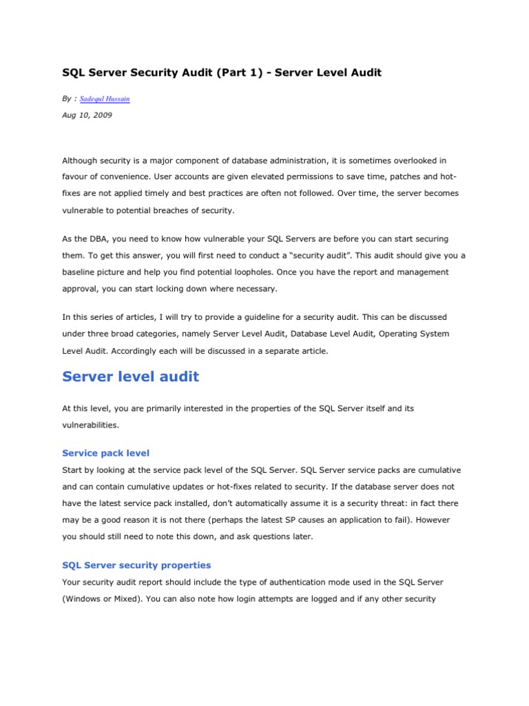 Sql Server Security Audit Pdf System Administrator Microsoft Sql Server