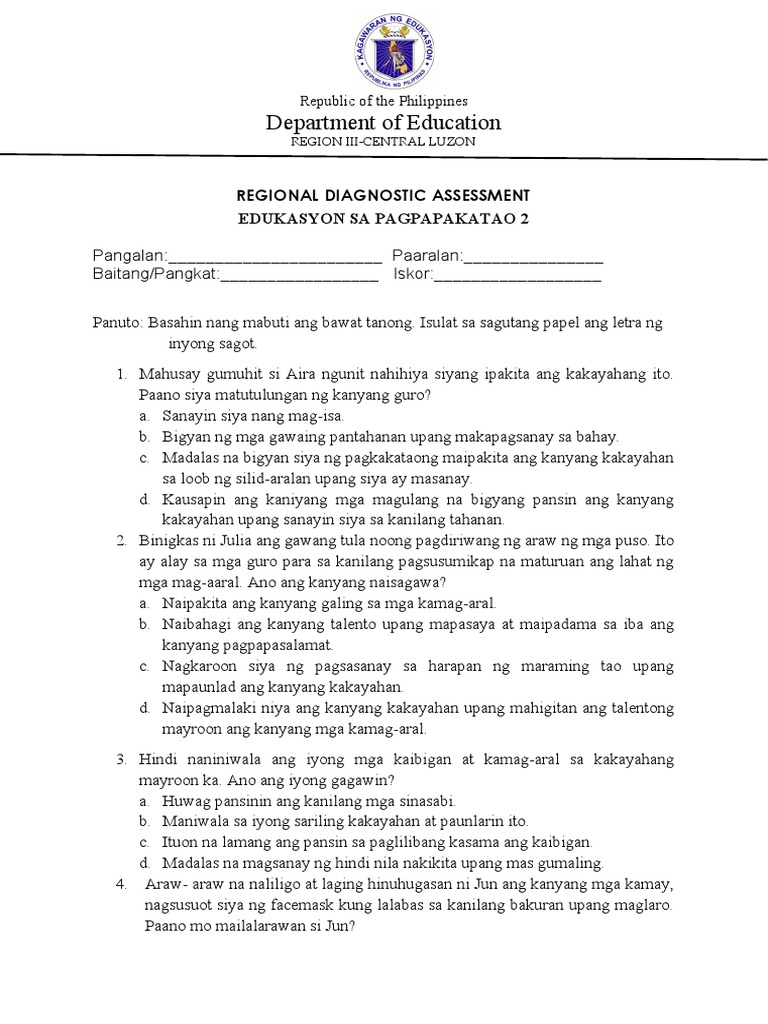 Diagnostic Assessment EsP Grade 2 | PDF