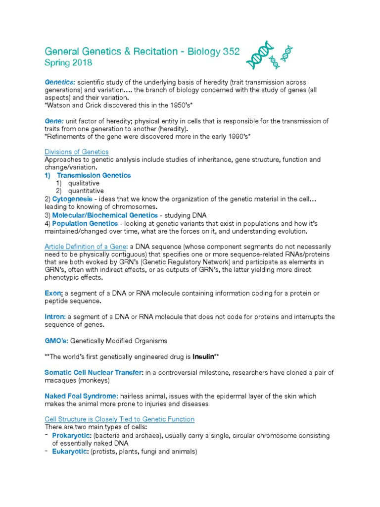 Genetics 352 Spring 2018 Document Title | PDF | Translation (Biology) | Dna