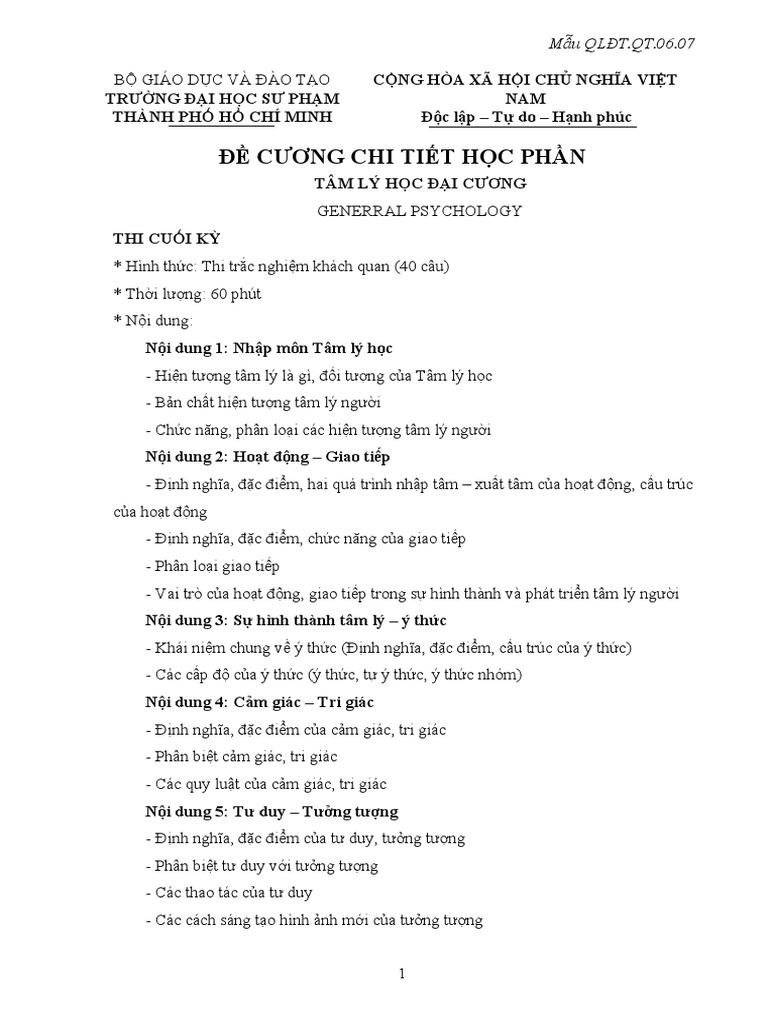 De Cuong On Tap - Tam Ly Hoc Dai Cuong-2020-2021 | PDF