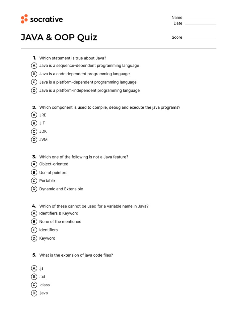 Quiz Java And Oop Quiz Pdf Java Programming Language Integer 2539