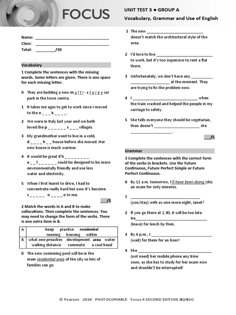Focus4 2E Unit Test Vocabulary Grammar UoE Unit3 GroupA | PDF | Linguistics