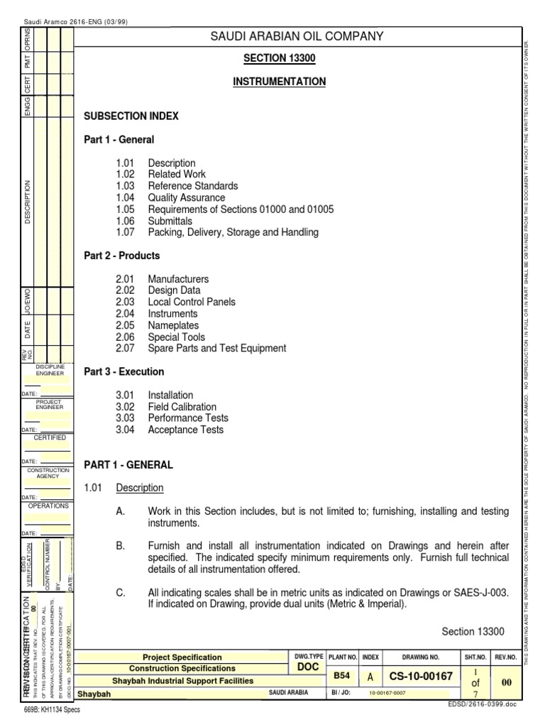 Saudi Arabian Oil Company: SECTION 13300 Instrumentation | PDF ...