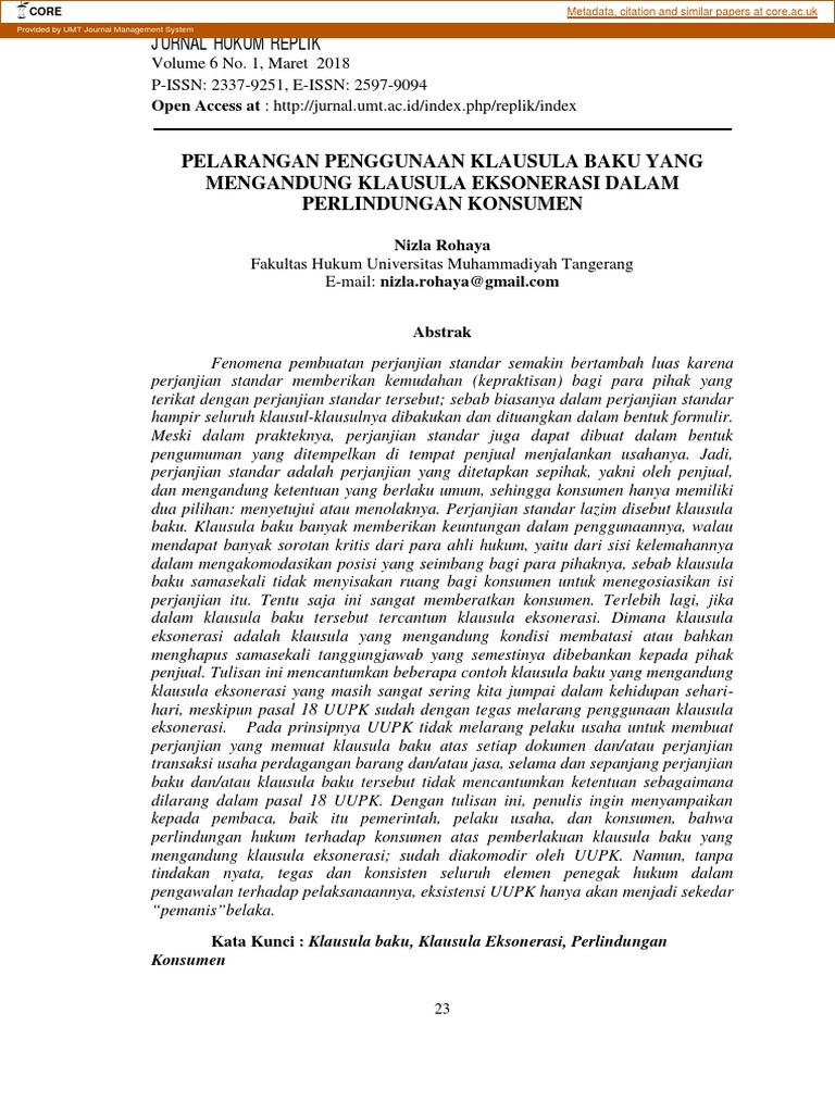 Pelarangan Penggunaan Klausula Baku Yang Mengandung Klausula Eksonerasi ...