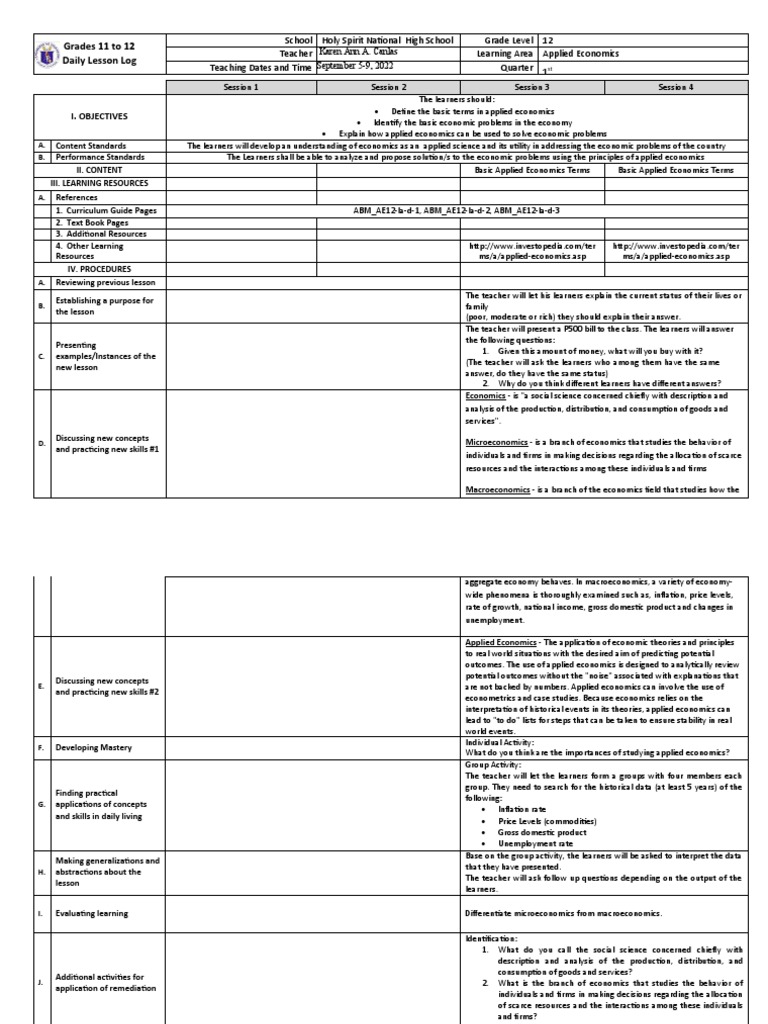 Applied Economics Lesson Plan for Grade 12 | PDF | Economics ...