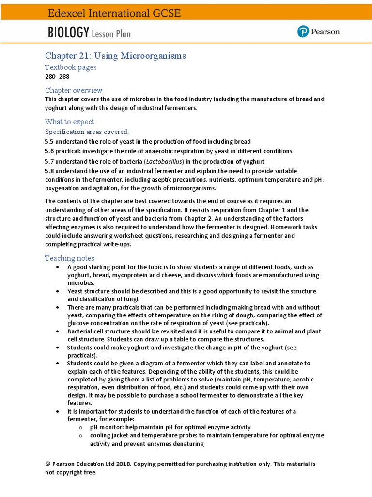 IGCSE - Bio - Lesson Plan 21 - Using Microorganisms | PDF | Yeast ...