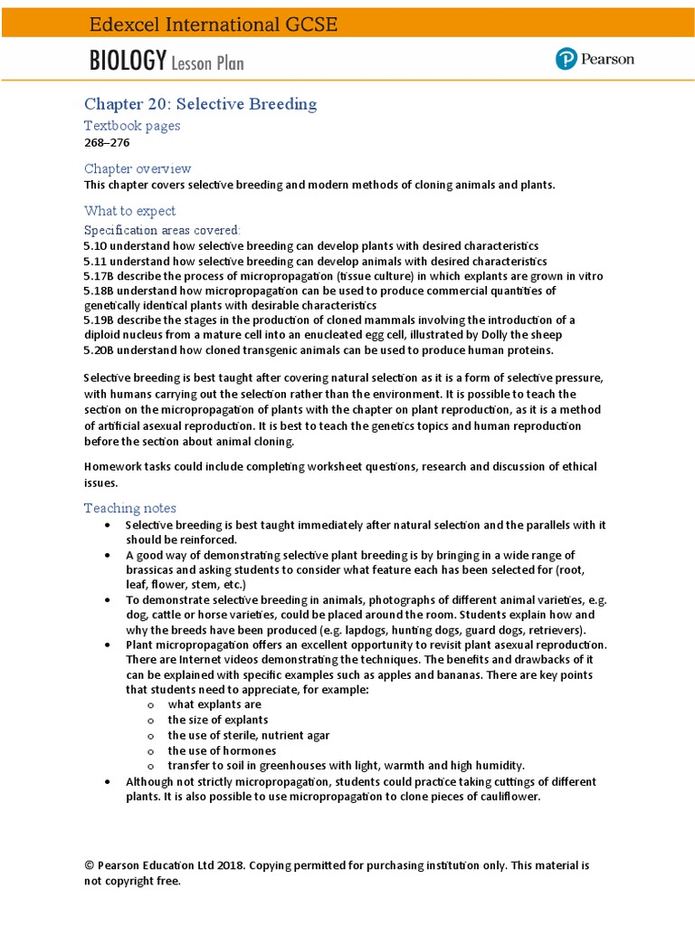 IGCSE - Bio - Lesson Plan 20 - Selective Breeding | Download Free PDF | Reproduction | Cloning