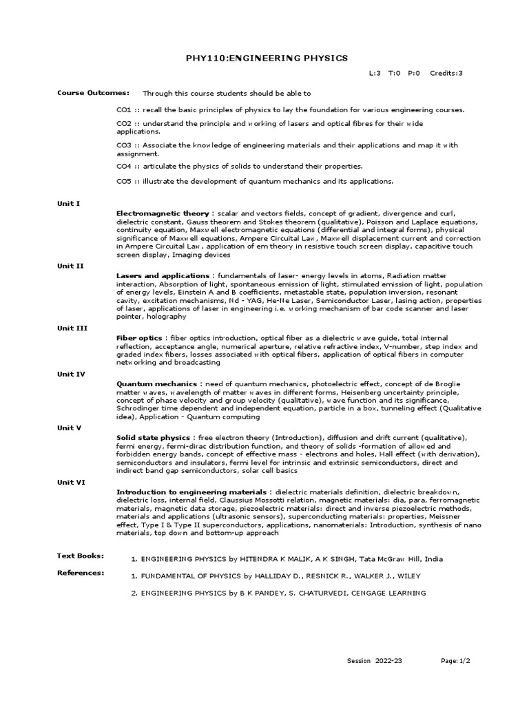 PHY110 Engineering Physics Course Overview | PDF | Laser | Optics