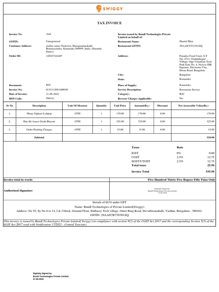 Swiggy Bill | PDF | Invoice | Economies