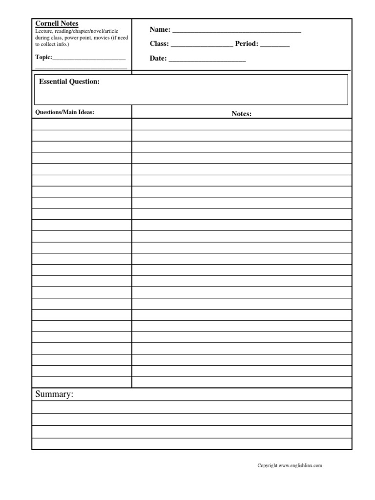 Cornell Notes Summary Worksheet | PDF | Language Arts & Discipline ...