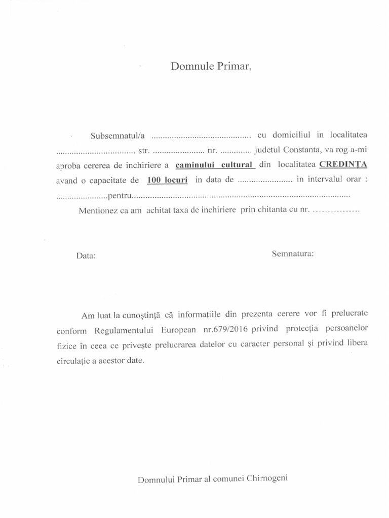 Cerere Inchiriere Camin Cultural Si Club | PDF