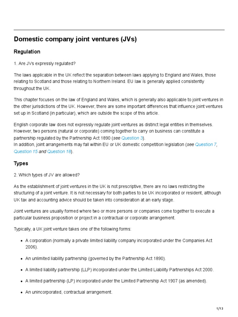 Domestic Company Joint Ventures (JVS) : Regulation | PDF | Joint Venture | Partnership