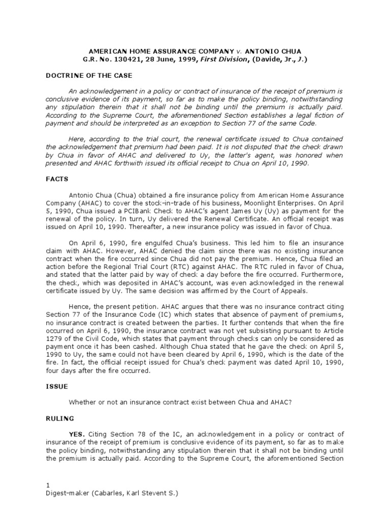 AMERICAN HOME ASSURANCE COMPANY v. ANTONIO CHUA | PDF | Insurance ... AMERICAN HOME ASSURANCE COMPANY v. ANTONIO CHUA | PDF | Insurance ...