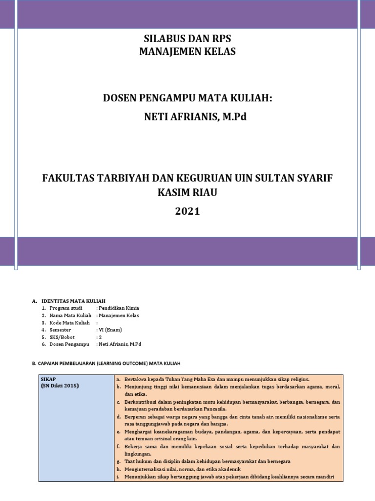 Silabus Dan Rps Manajemen Kelas 2021 - Neti Afrianis | PDF