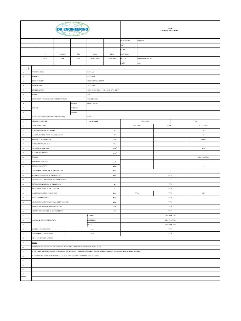 FS22-015-PR-DS-001 - Process Datasheet For Xylene Pump | PDF | Pump ...