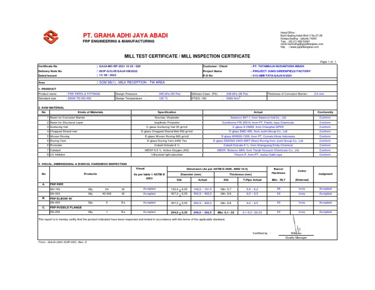 Mill Certificate Juno 13 Ags 22 | PDF | Fiberglass | Materials Science